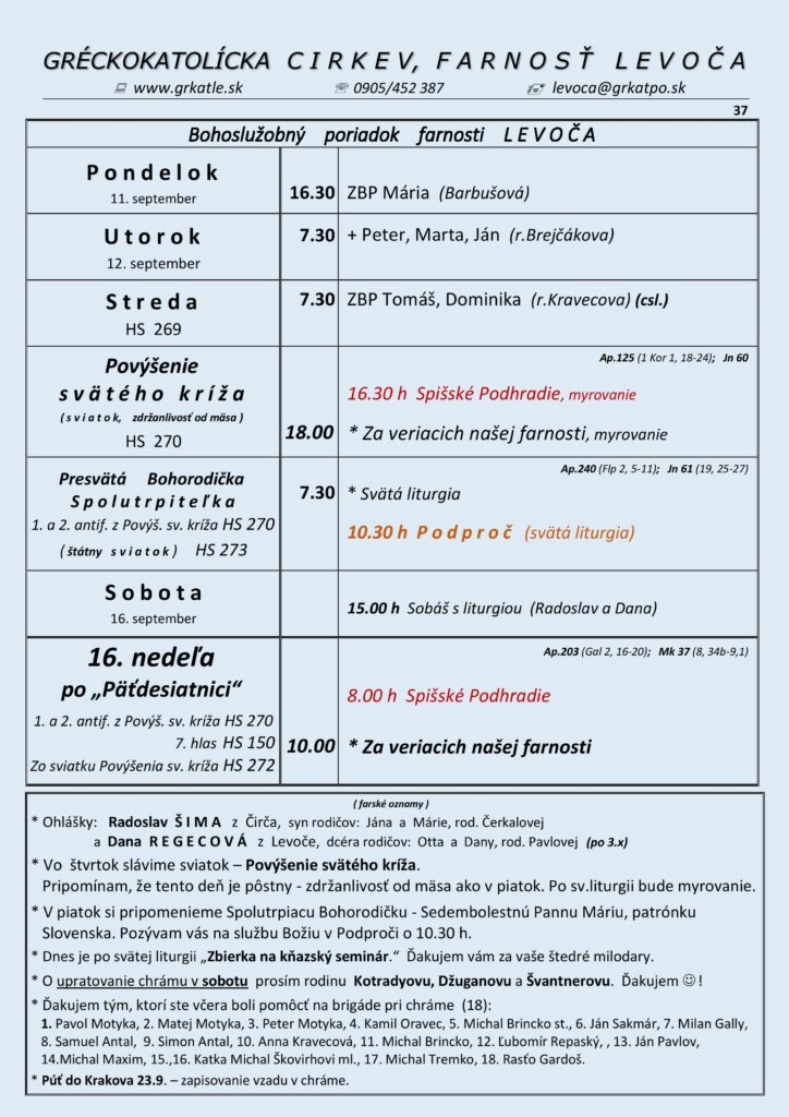Liturgický program a farské oznamy - Gréckokatolícka cirkev, farnosť ...